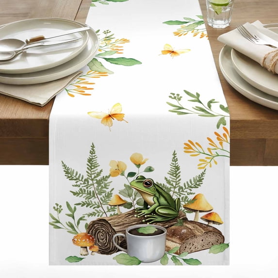 Green Frog Cotton Linen Table Runner Coffee Mushroom Butterfly Pastoral ...