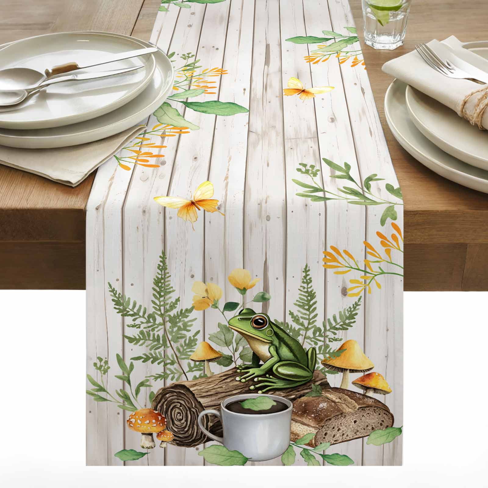 Green Frog Cotton Linen Table Runner Coffee Mushroom Butterfly White ...