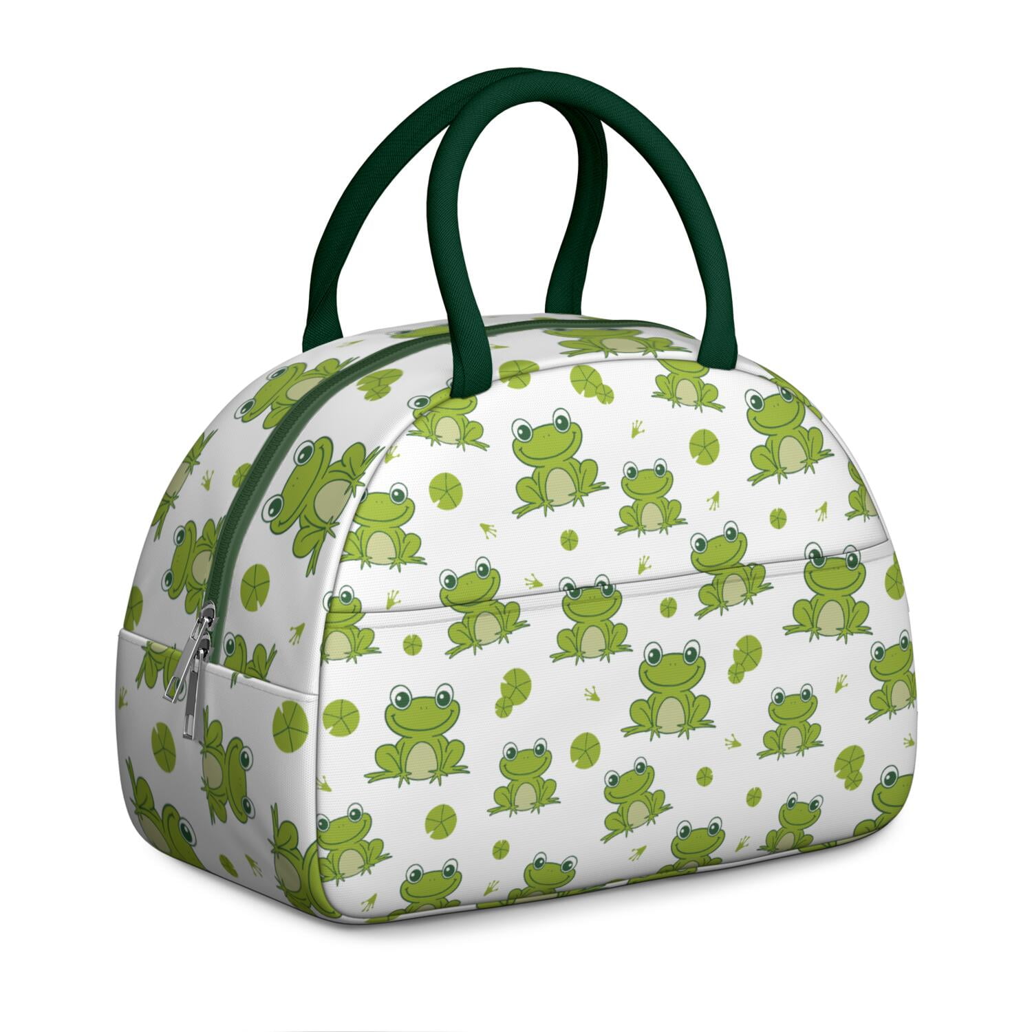 Green Frog and Flower Print Lunch Box, Reusable Thermal Cooler Tote ...