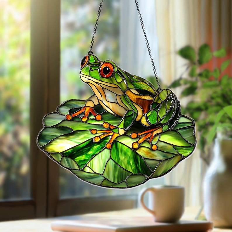 Green Frog Lotus Faux Stained Glass Suncatcher, Frog Lotus Leaf Acrylic ...