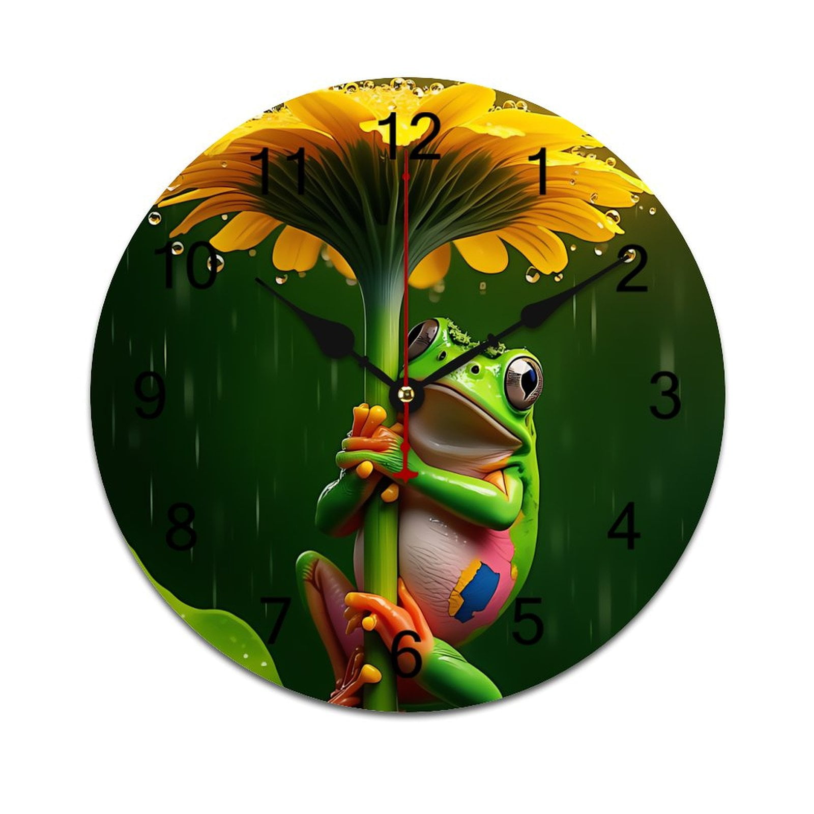 Green Frog Mushrooms And Plants Printed Silent Wall Clock Round Kitchen ...