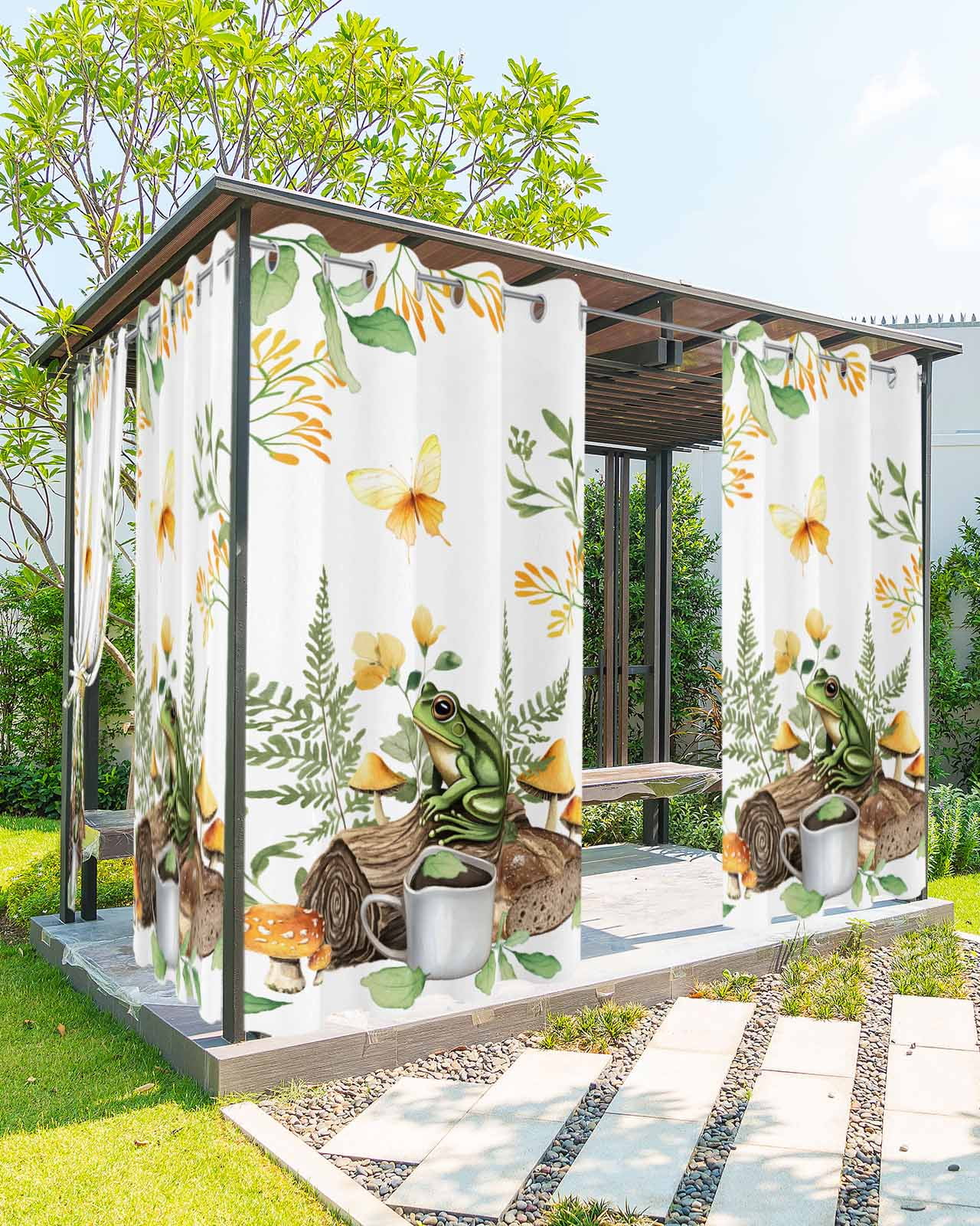 Green Frog Outdoor Curtains for Patio, Coffee Mushroom Butterfly ...