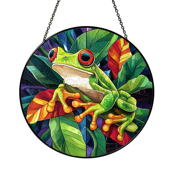 Green Frog Pond Design Stained Glass Style Window Decor, Nature Hanging ...
