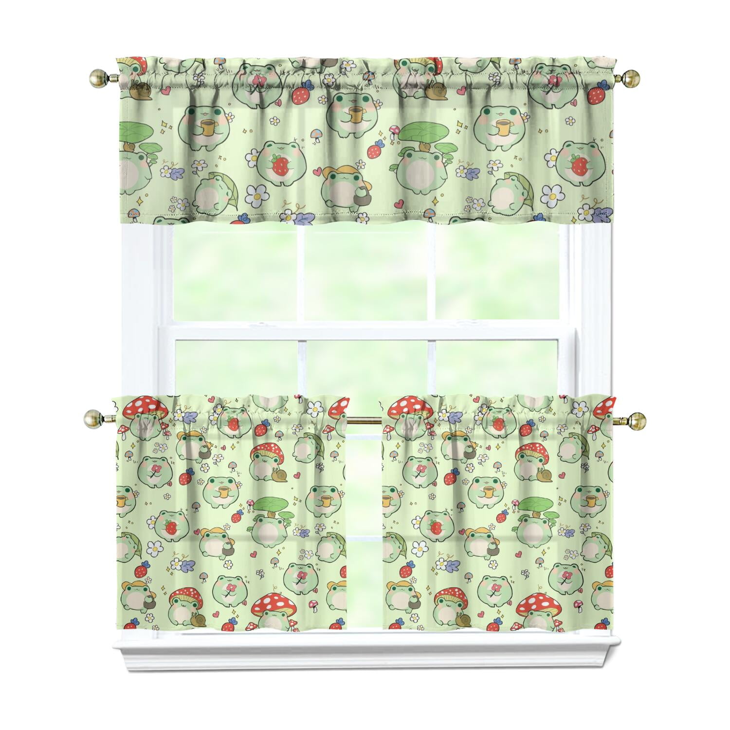 Green Frog Print Caf Curtains Set - 3 PC Cute Cartoon Frog & Mushroom Pattern Window Treatment ...