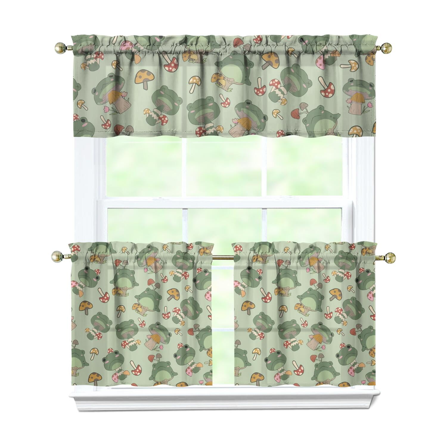 Green Frog Print Caf Curtains Set - 3 PC Cute Cartoon Frog & Mushroom ...
