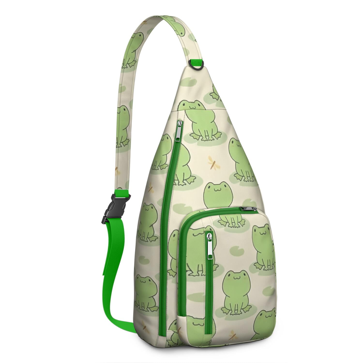 Green Frog Sling Backpack - Cute Cartoon Frog & Mushroom Print ...