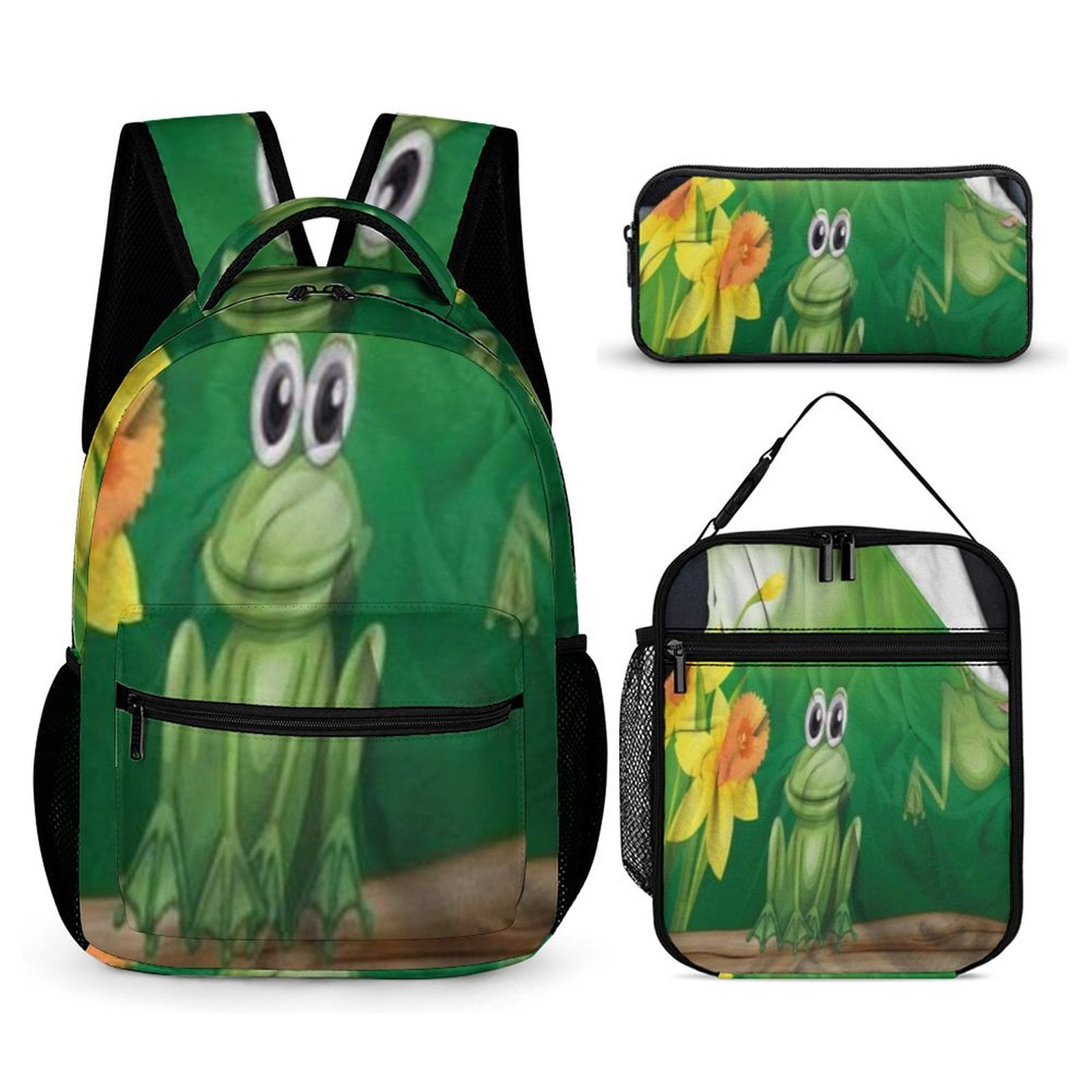 Green Frogs 3 Piece Backpack Set Anime Casual Daypack with Lunch Bag ...