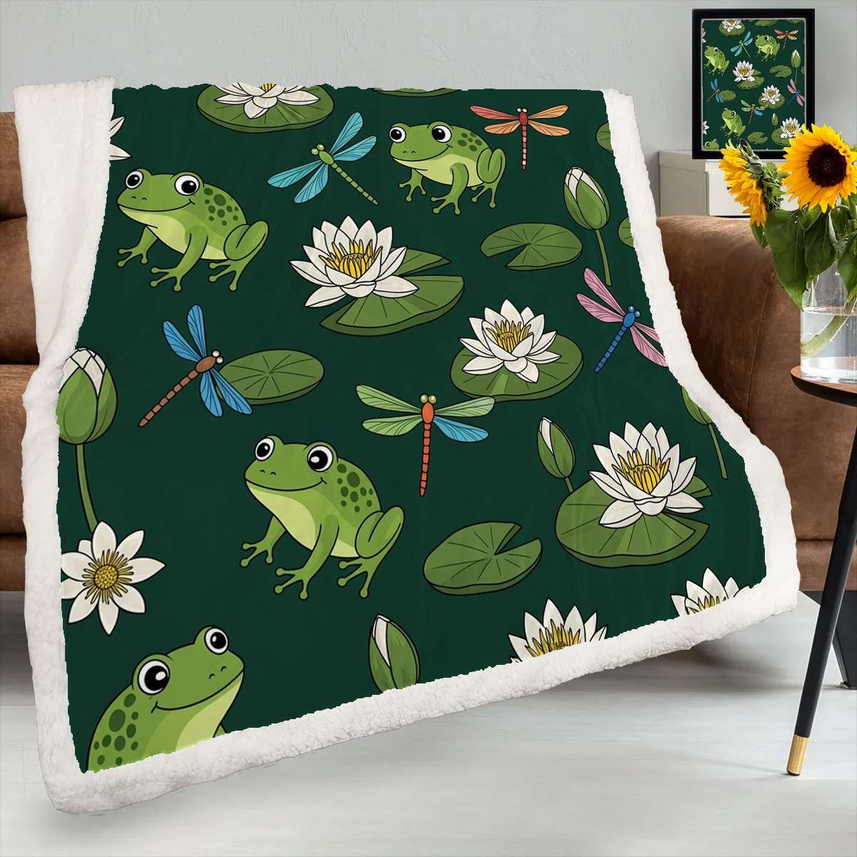 Green Frogs Dragonflies Lily Pads Pond Life Sherpa Blanket Throw ...