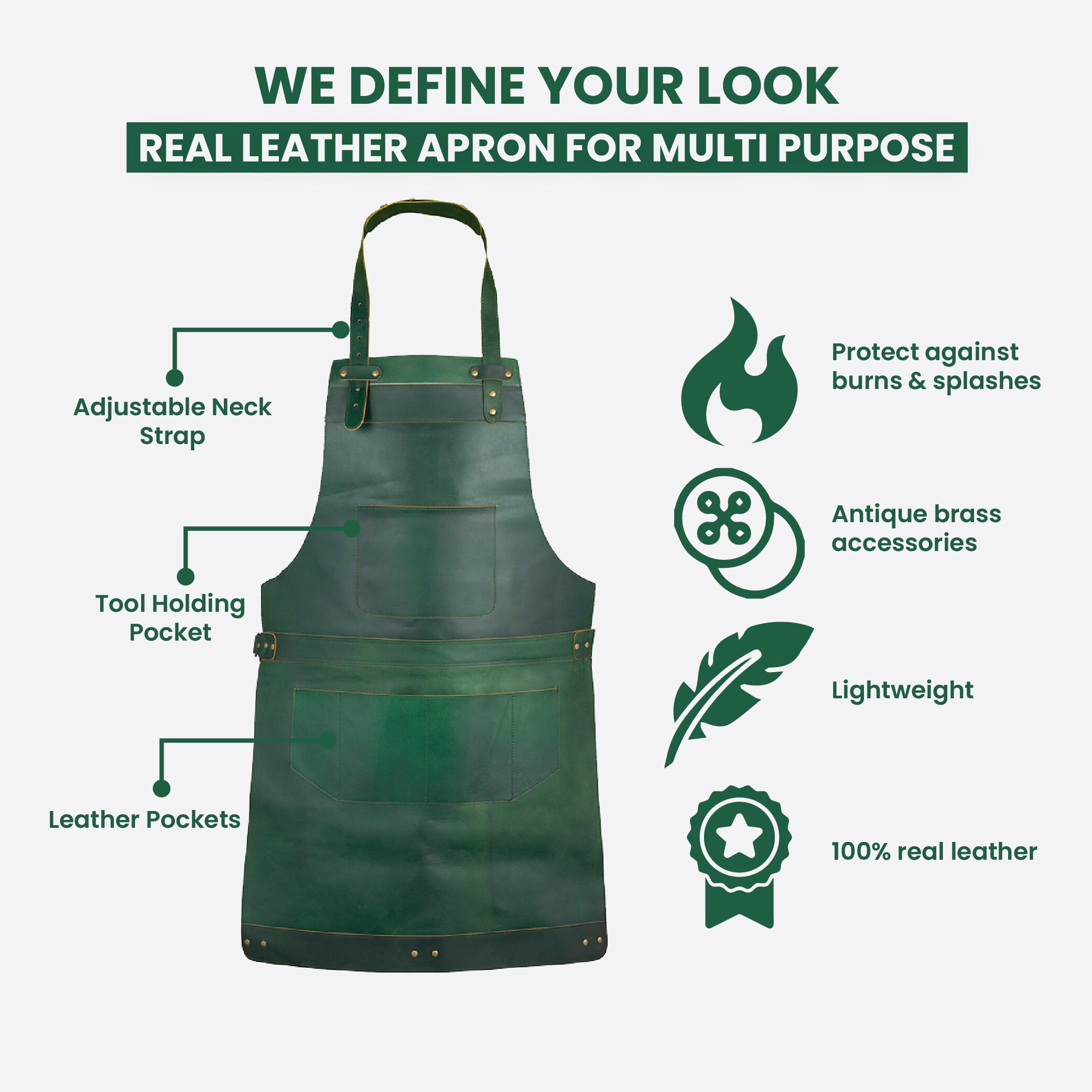 Green Full Grain Leather Apron Butcher Apron -Cook Apron -BBQ Apron ...