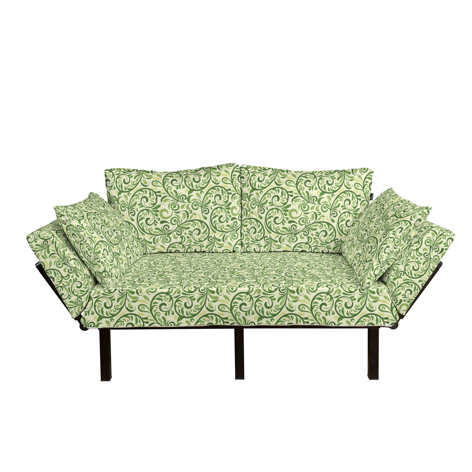 Green Futon Couch, Swirled Curly Abstract Leaves with Damask Influences ...