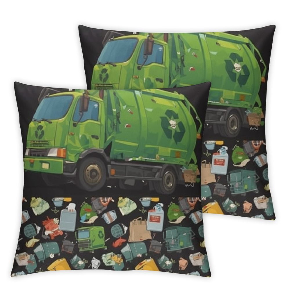 Green Garbage Truck Black Throw Pillow Covers Cartoon Trash Truck ...
