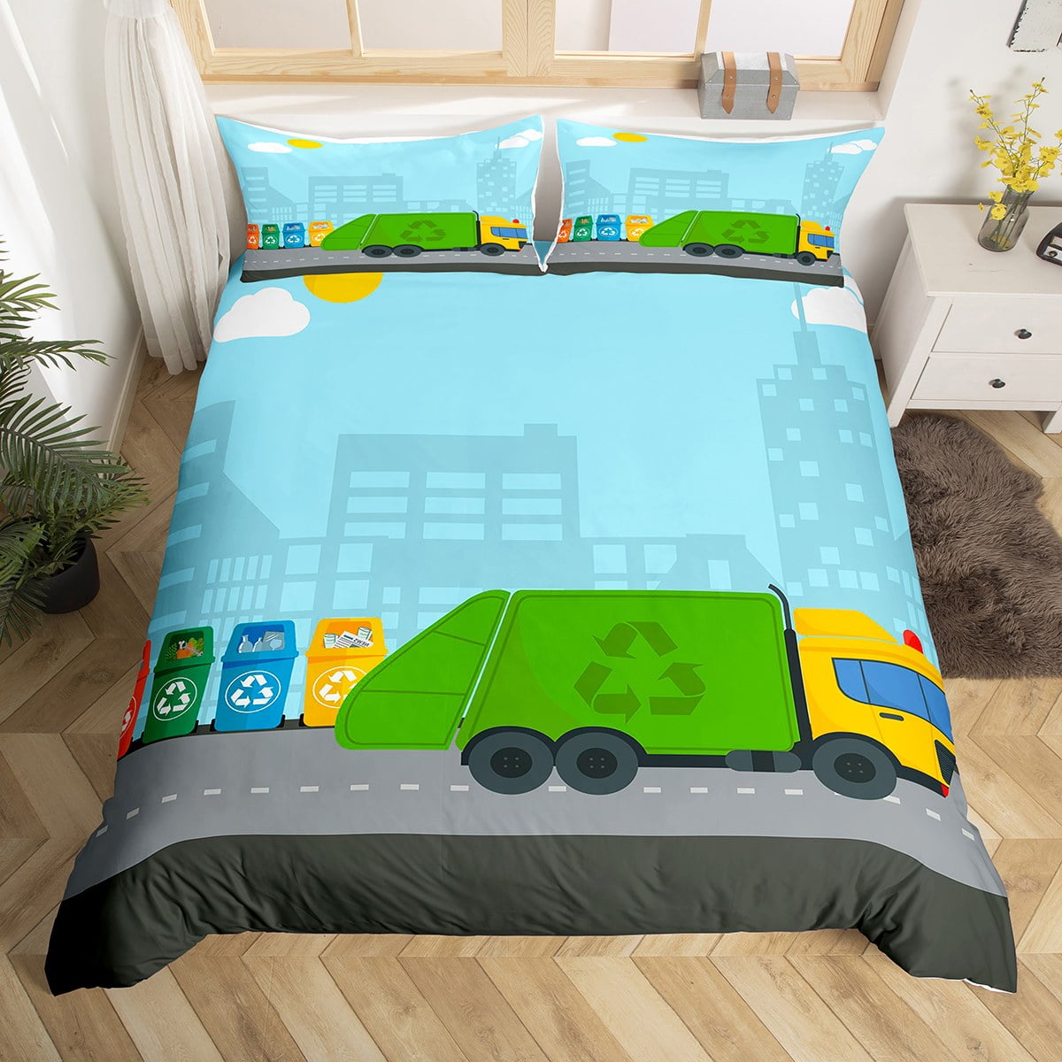 Green Garbage Truck Duvet Cover Powered Waste Management Recycling ...