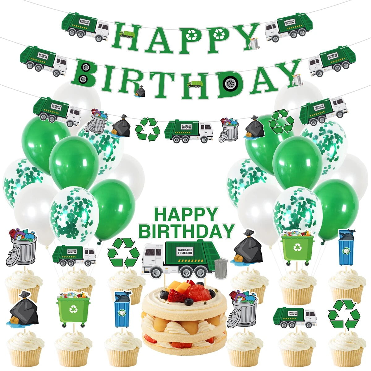 Green Garbage Truck Theme Happy Birthday Banner Cake Topper Balloon Set ...