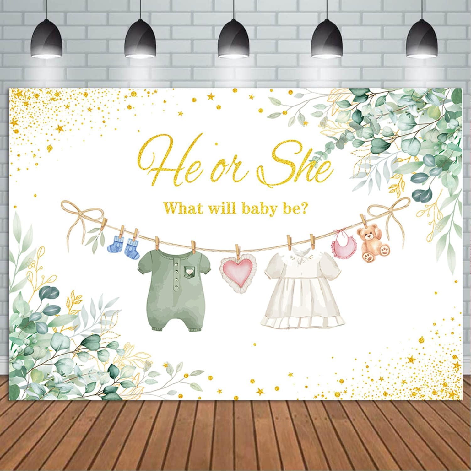 Green Gender Reveal Backdrop Watercolor Leaves Gold Dots Photography ...