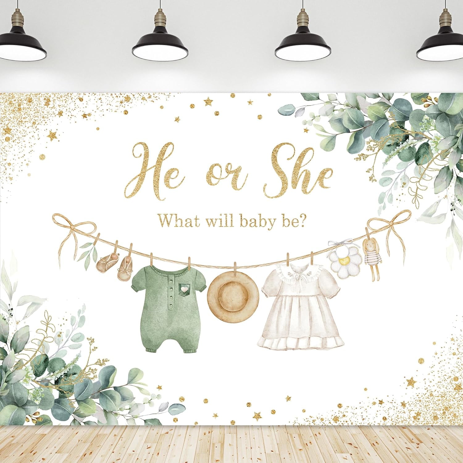Green Gender Reveal Backdrop He or She What Will Baby Be Boho Sage ...