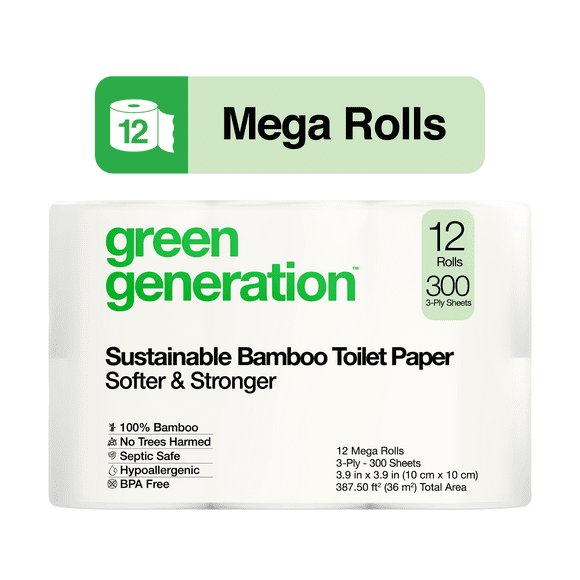 Green Generation Sustainable Bamboo Toilet Paper, 3-Ply, 12 Mega Rolls ...