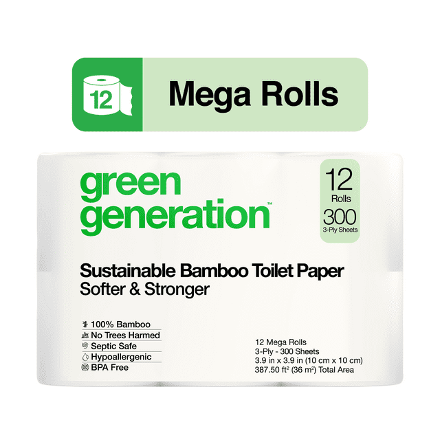 Green Generation Sustainable Bamboo Toilet Paper, 3-Ply, 12 Mega Rolls ...