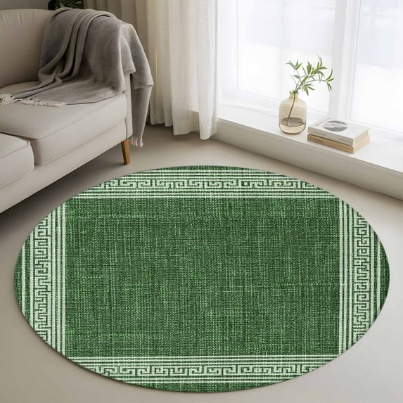 Green Geometric 4ft Round Rug, White Greek Key Design Burlap Modern Art ...