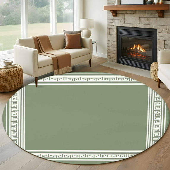 Green Geometric 6ft Round Rug, White Greek Key Design Abstract Modern ...