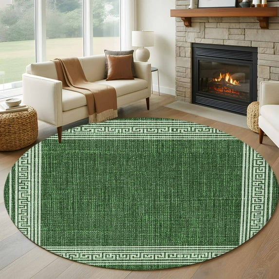 Green Geometric 6ft Round Rug, White Greek Key Design Burlap Modern Art ...