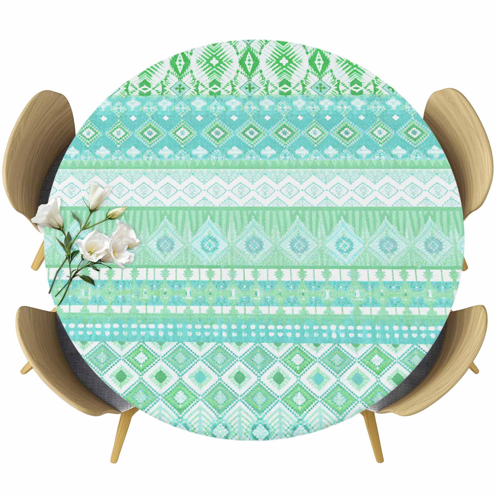Green Geometric Round Fitted Tablecloth with Elastic Edge, Bohemian ...