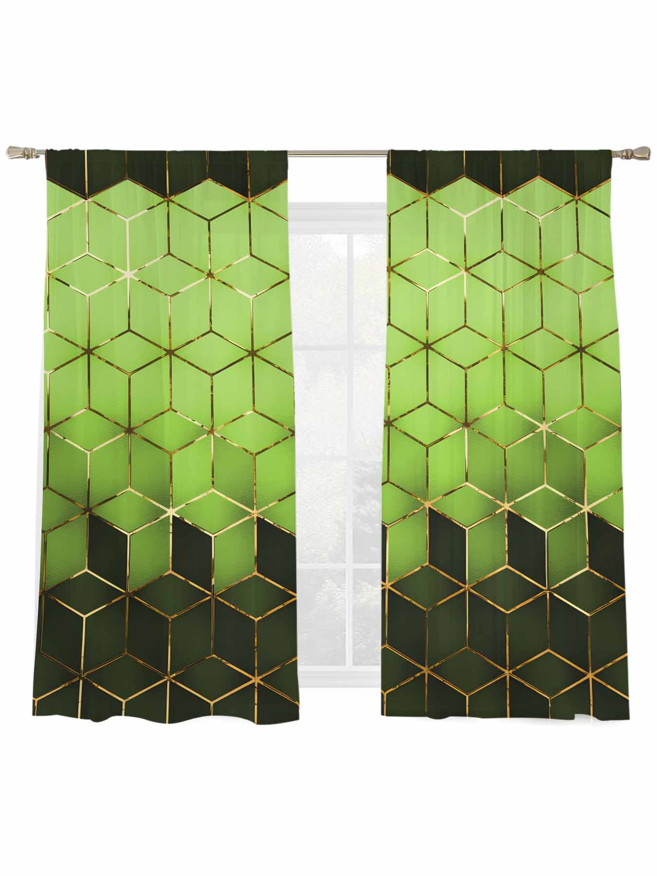 Green Geometric Sheer Curtains 72 Inch Length 2 Panels Set, Semi ...