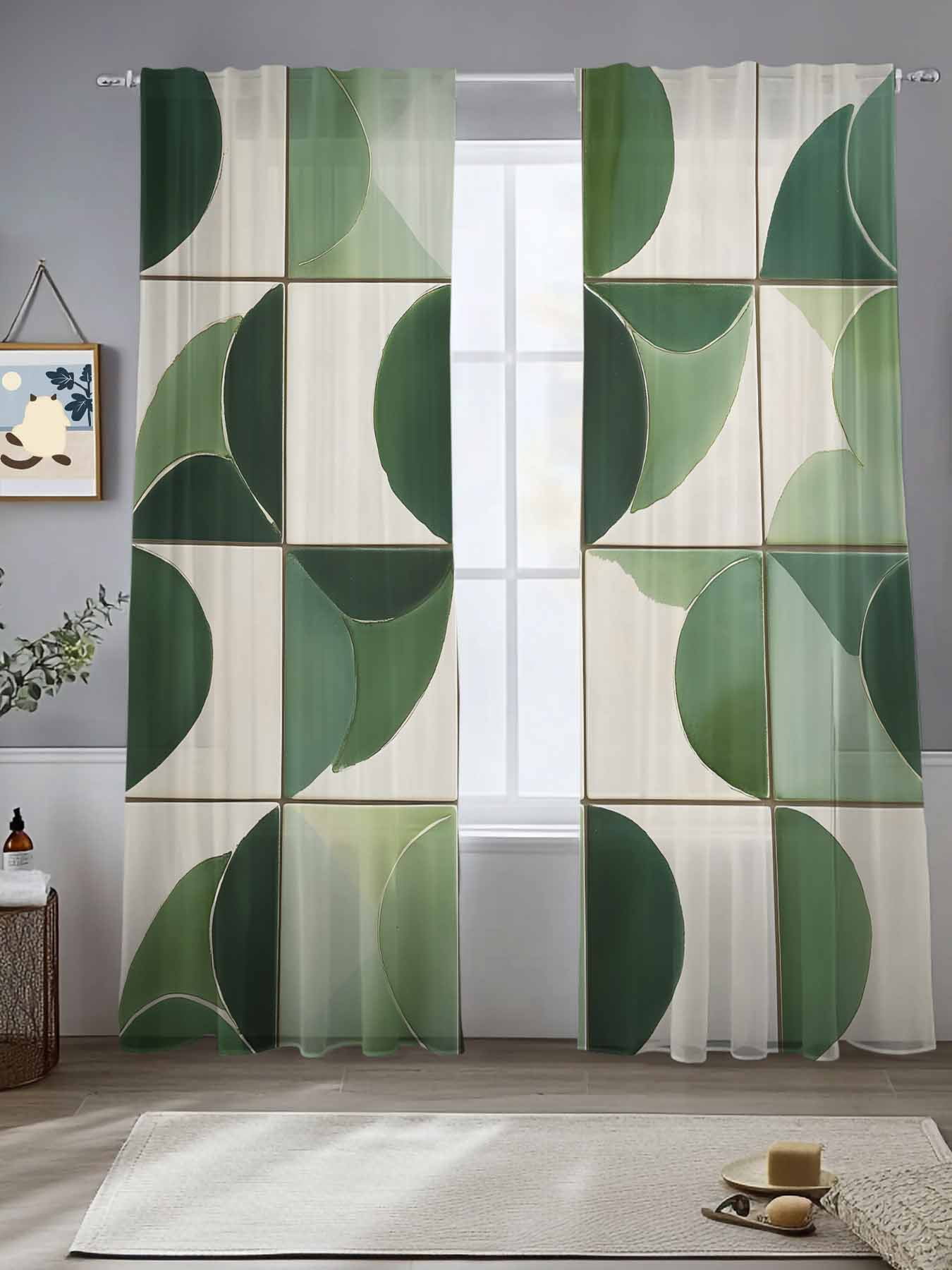 Green Geometric Sheer Curtains for Living Room Bedroom Contemporary ...