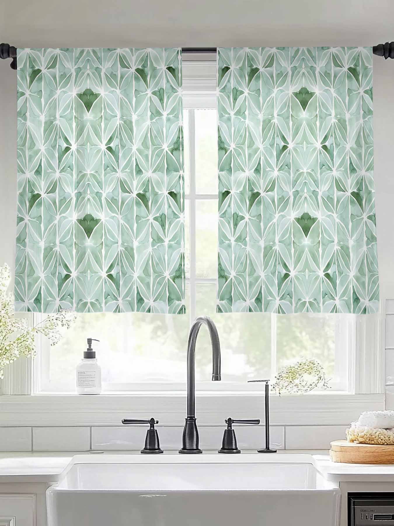 Green Geometric Sheer Curtains for Living Room Bedroom Modernism Color ...