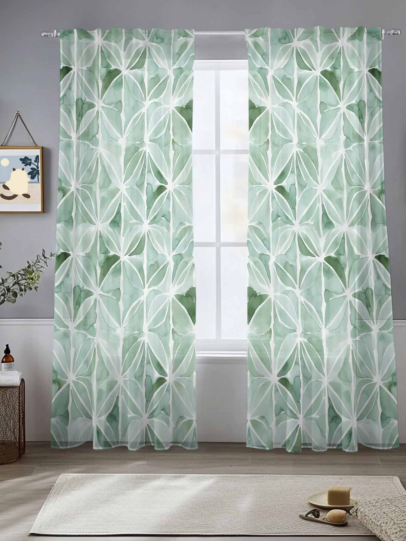 Green Geometric Sheer Curtains for Living Room Bedroom Modernism Color ...