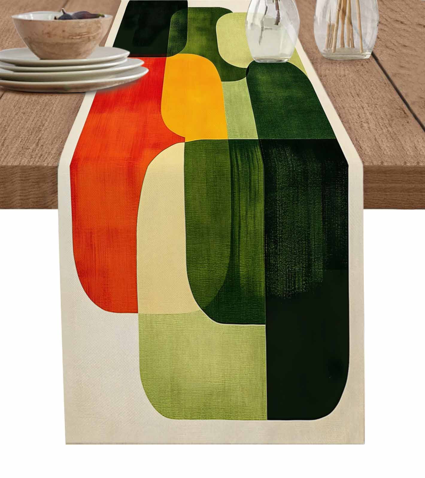 Green Geometric Table Runner 72 Inches, Modern Orange Abstract Lines ...