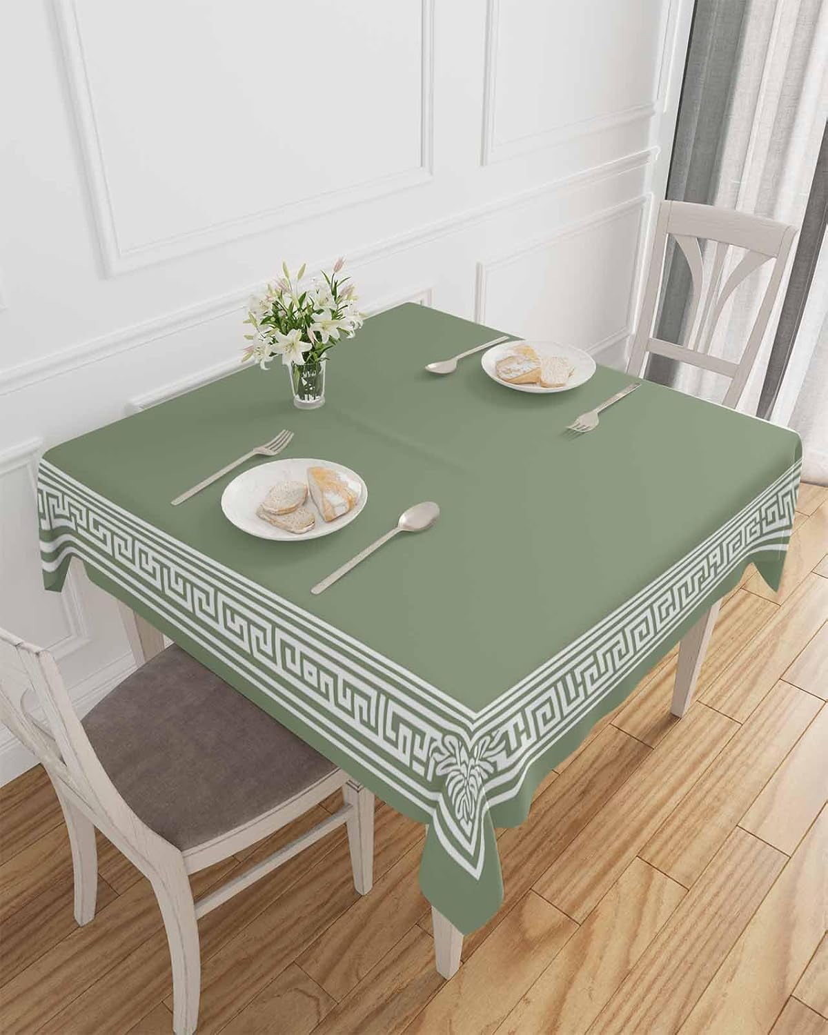 Green Geometric Table cloth Waterproof Tablecloths, White Greek Key ...
