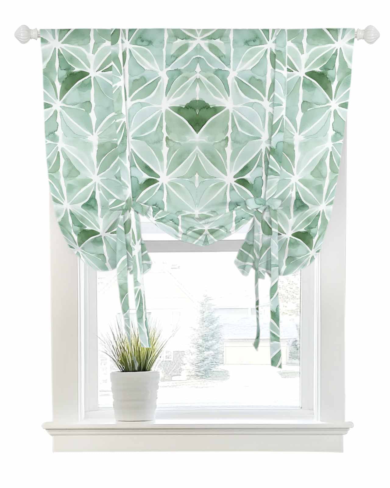 Green Geometric Tie Up Curtains for Window, Thermal Insulated Balloon Shade Adjustable Rod ...