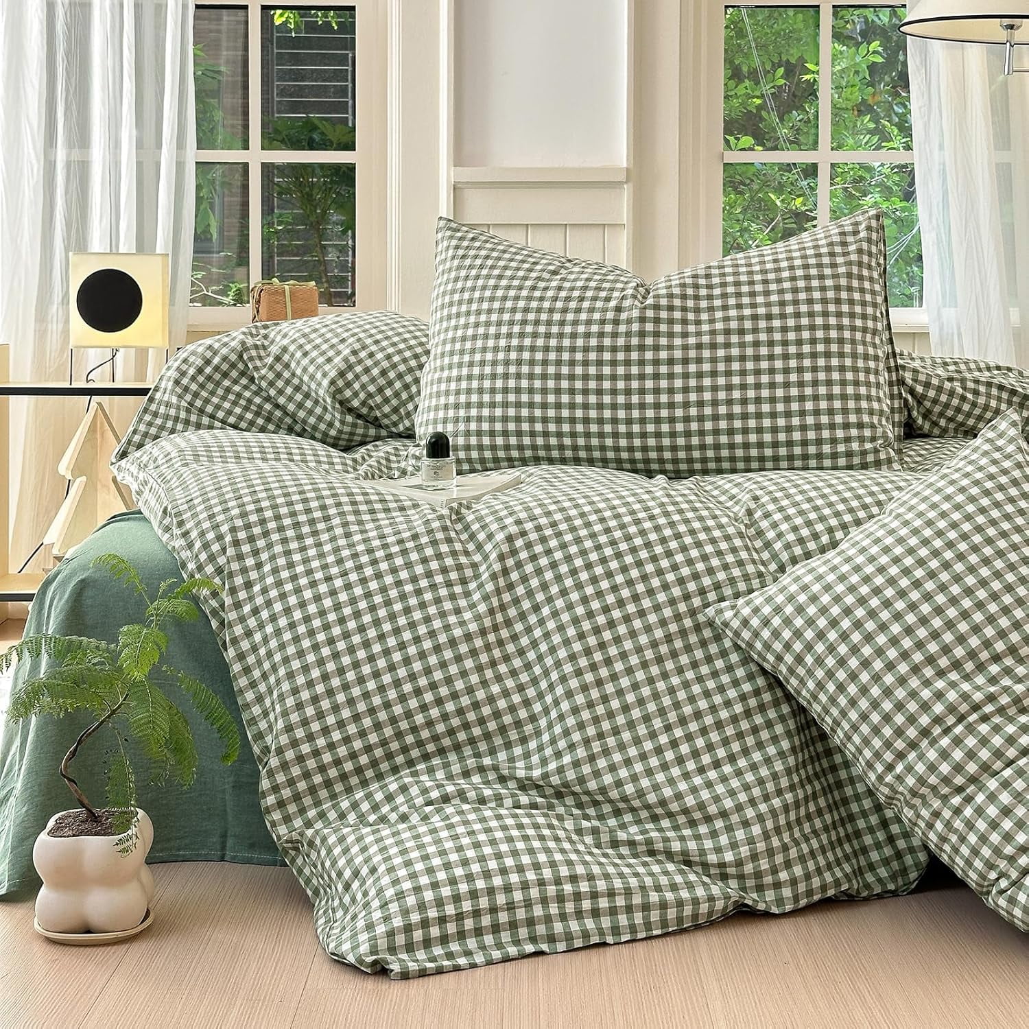 Green Gingham Comforter Set King Modern Style Plaid Bedding with Soft ...