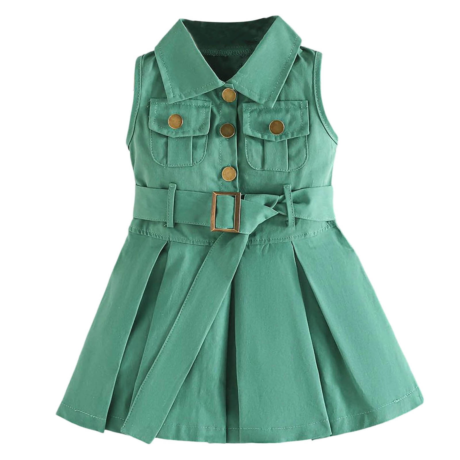 Green Girls Jumper Dress Sleeveless with Belt, Kids Utility Dress with ...