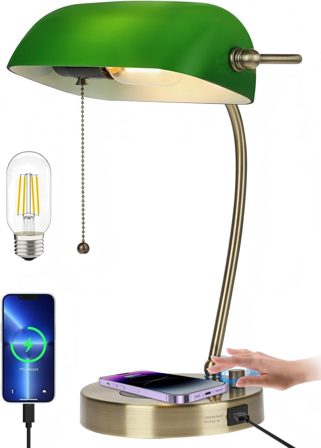 Green Glass Bankers Desk Lamp with Wireless Charger, USB Charging Port ...