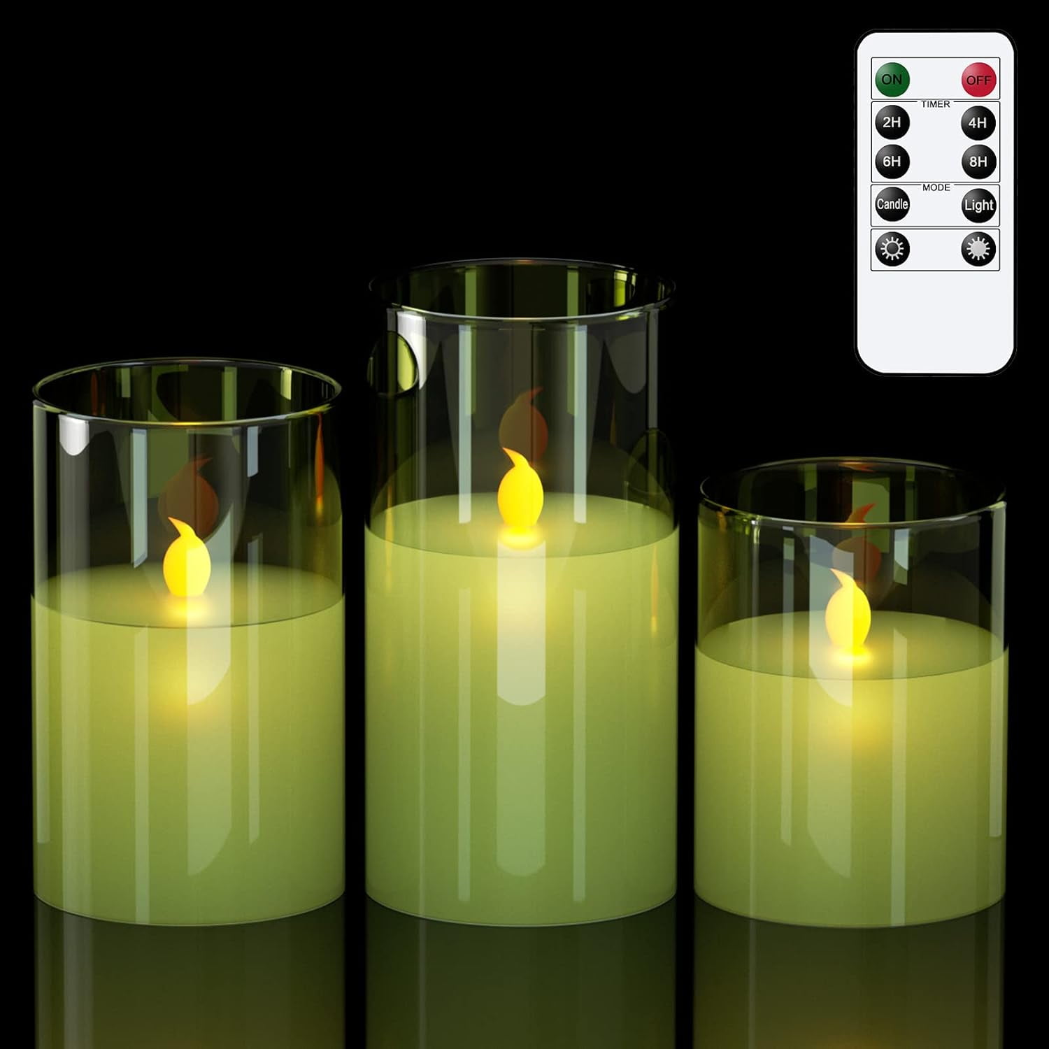 Green Glass Battery Operated Flameless Led Candles with 10-Key Remote ...