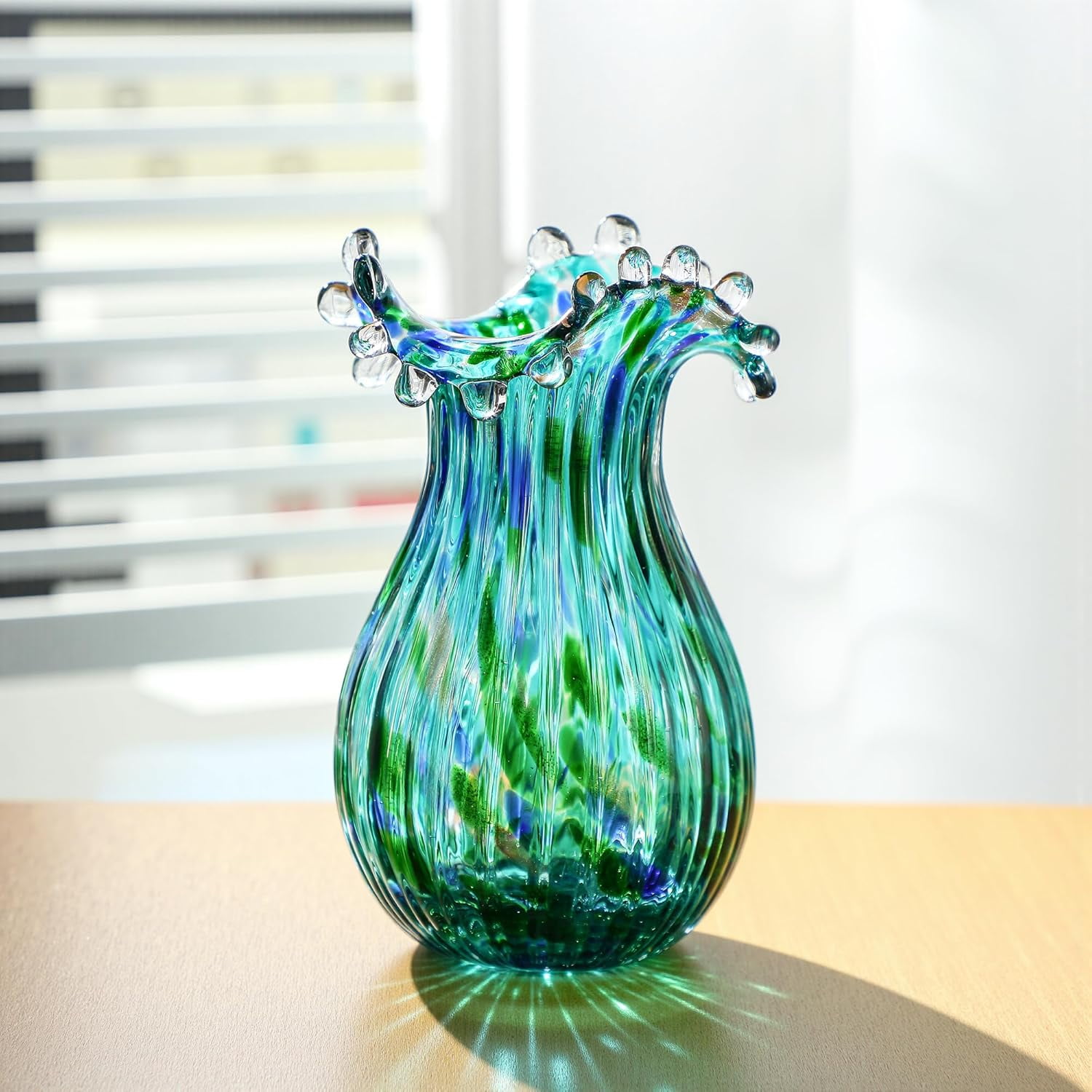 Green Glass Bubble Vase for Flowers, 8.5" Blown Glass Vase for Home ...