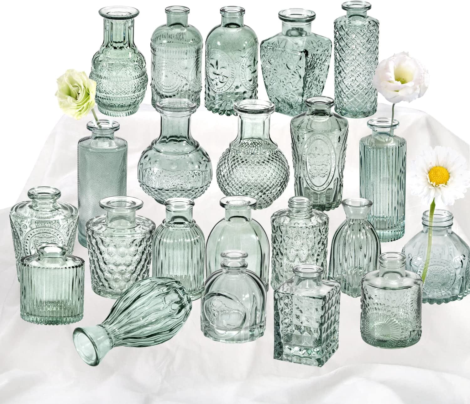 Green Glass Bud Vase Set of 22, Small Vases for Flowers, Clear Glass ...