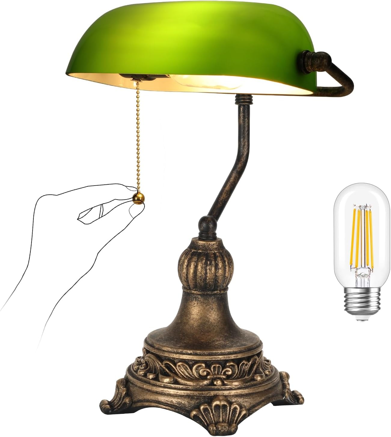 Green Glass Desk Lamp with Pull Switch, Bankers Lamp Featuring Retro ...
