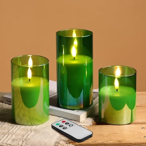 Green Glass Flameless Pillar Candles with Remote, Flickering Christmas ...