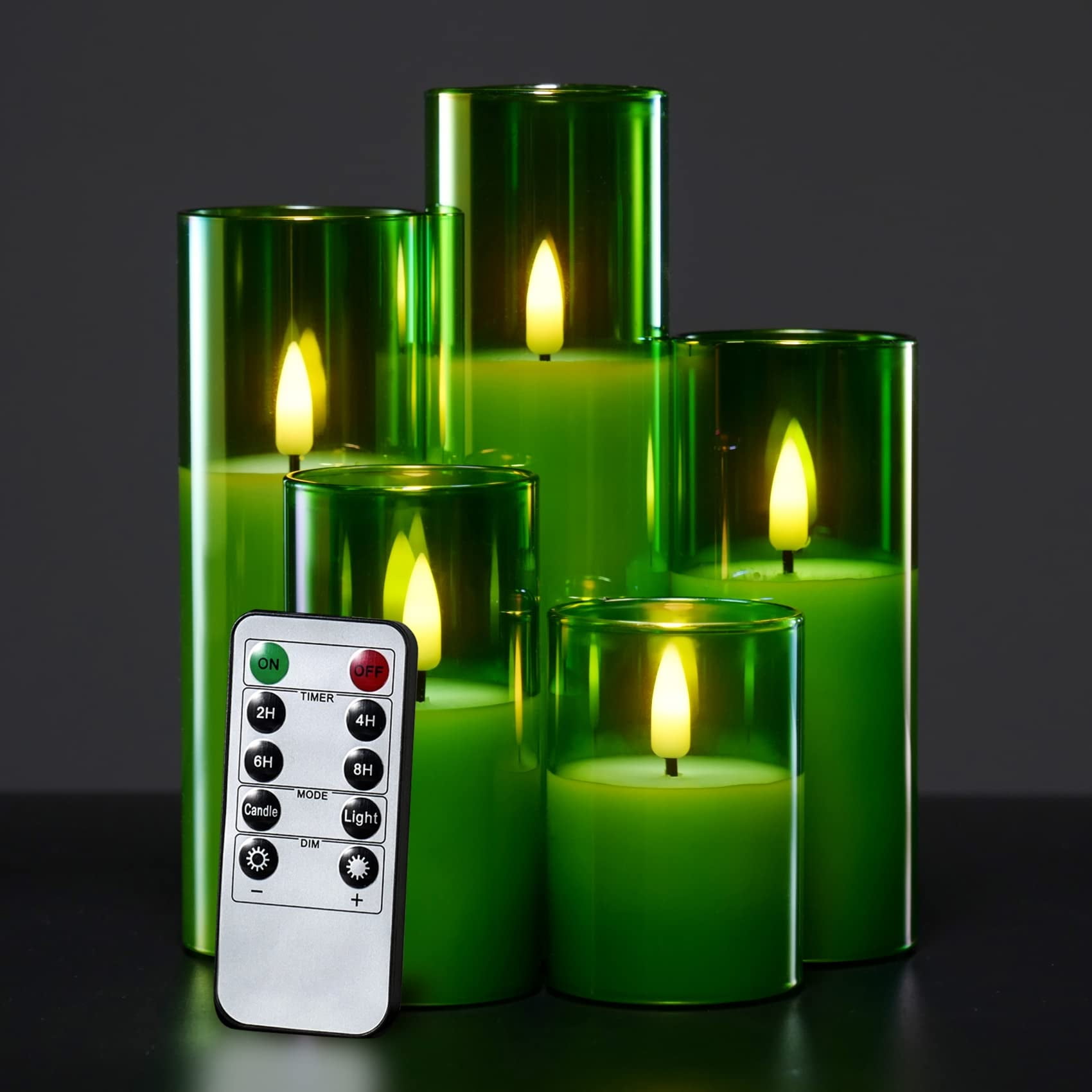 Green Glass LED Flameless Candles with Remote - Realistic Flickering ...