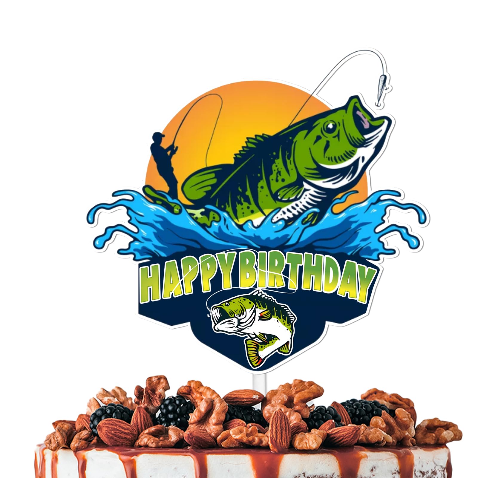 Green Glitter Cake Topper Go Fishing Theme H2FSDDecorations Men Boys ...