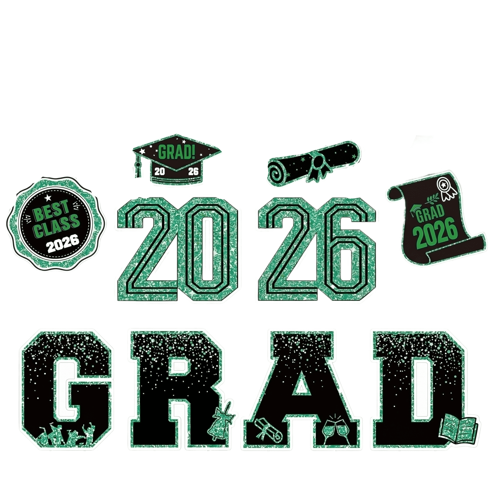 Green Glittery Class of 2026 Graduation Signs – 10-Piece Set with ...