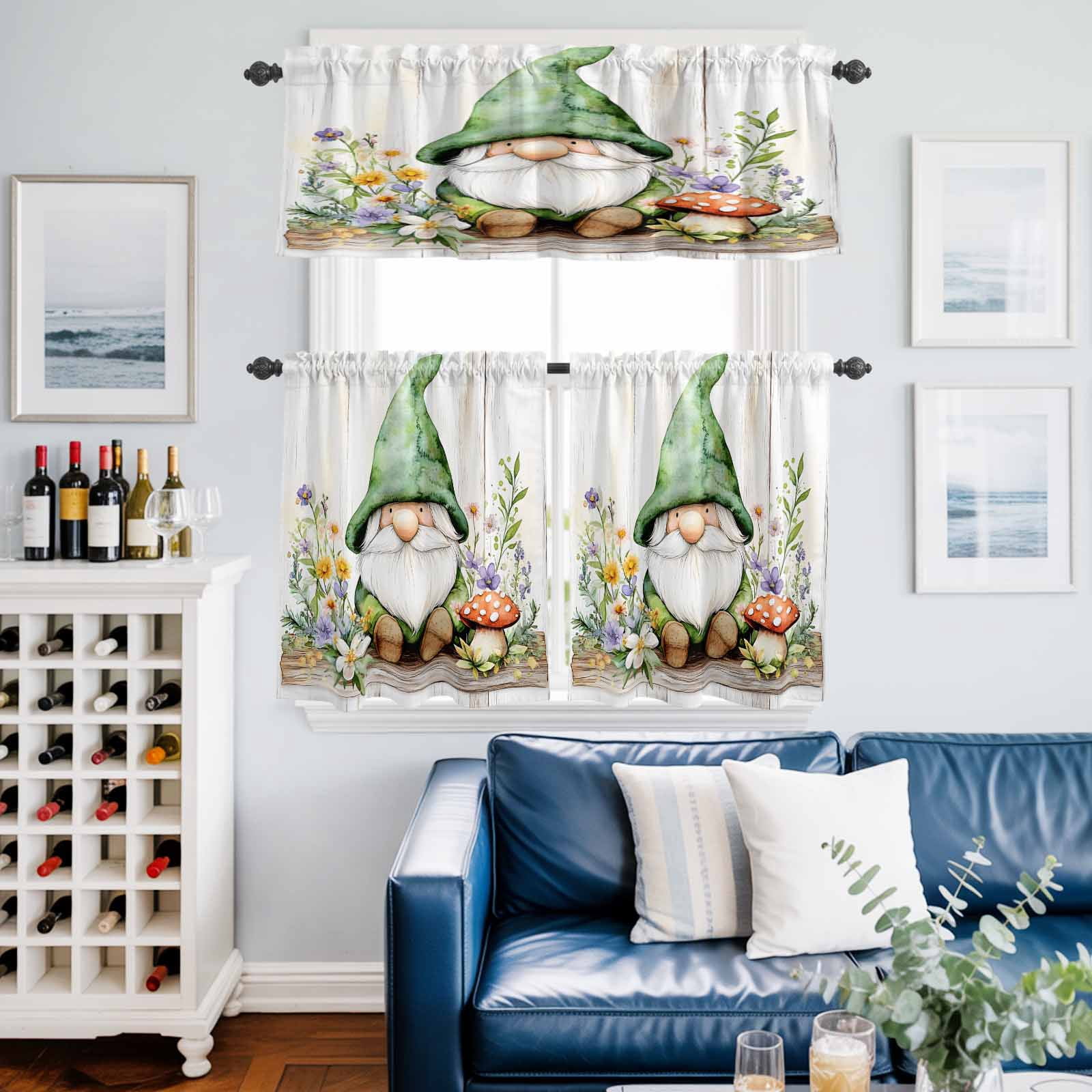 Green Gnome Spring Flower Mushroom Curtain Tier and Valance Set 3 Piece ...