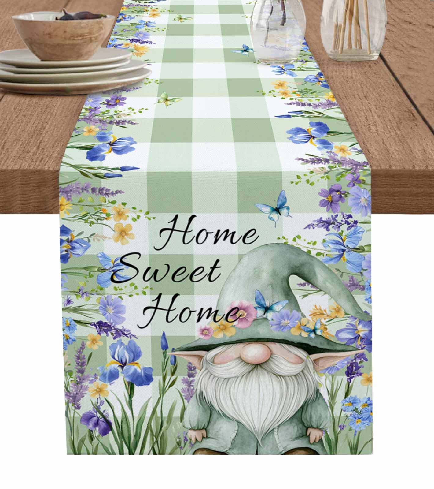 Green Gnomes Table Runner 72 Inches, Spring Botanical Flowers Buffalo ...