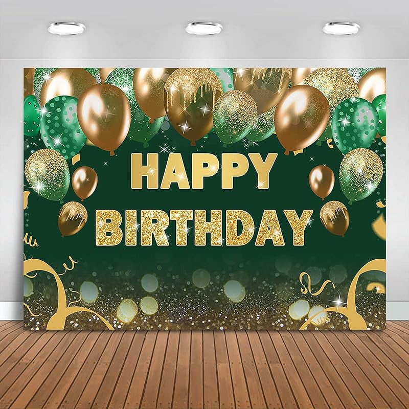 Green Gold Birthday Backdrop 7x5ft Gold Green Bokeh Balloons Women Men ...