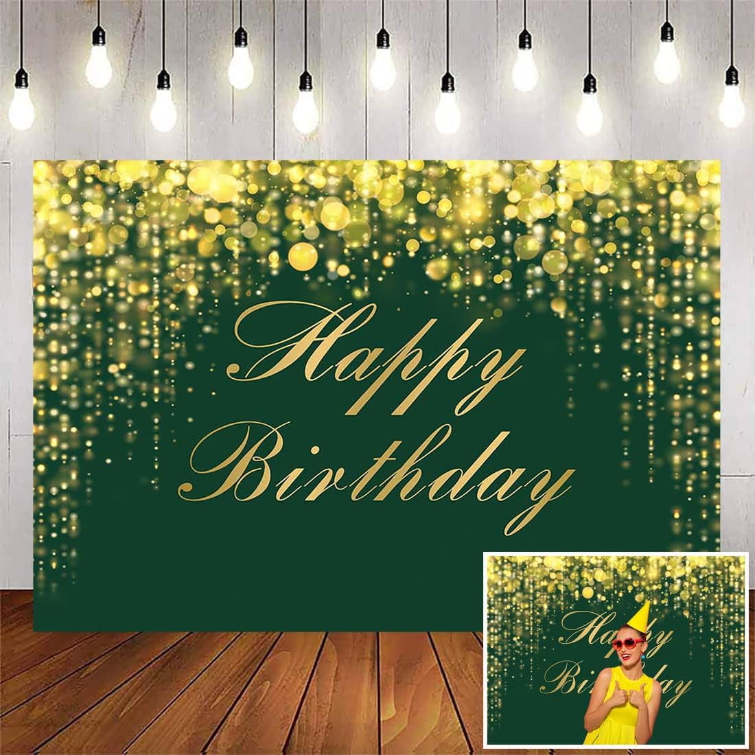 Green and Gold Birthday Backdrop Glittery Happy Birthday Background ...