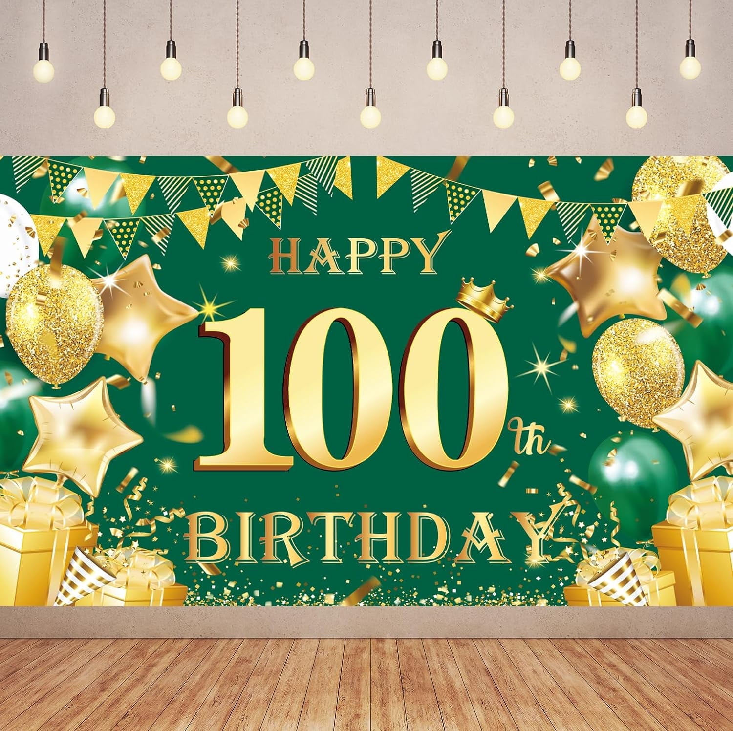 Green Gold Birthday Banner Party Decorations, Green Gold Happy 100th ...