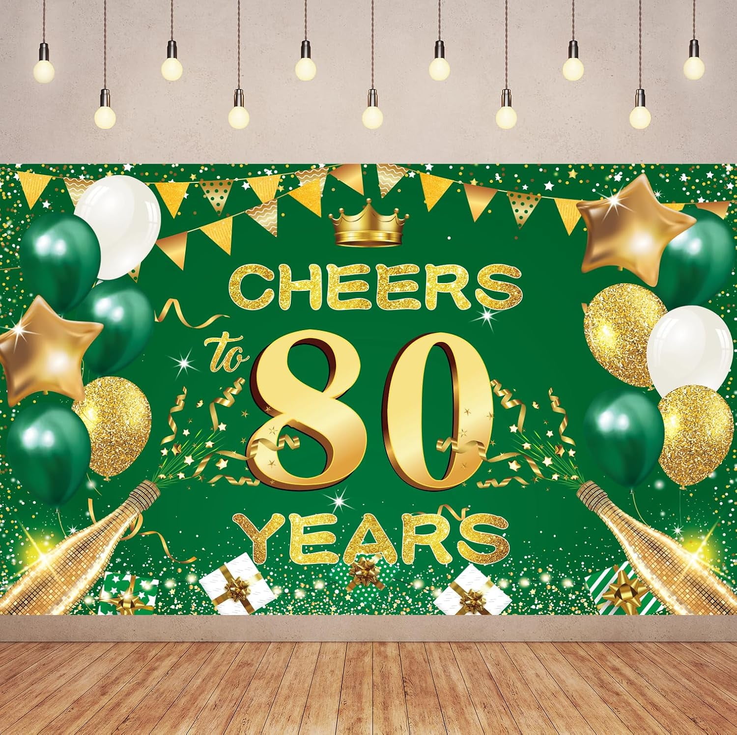 Green Gold Cheers 80TH Years Banner Backdrop, Green Gold Happy 80th ...