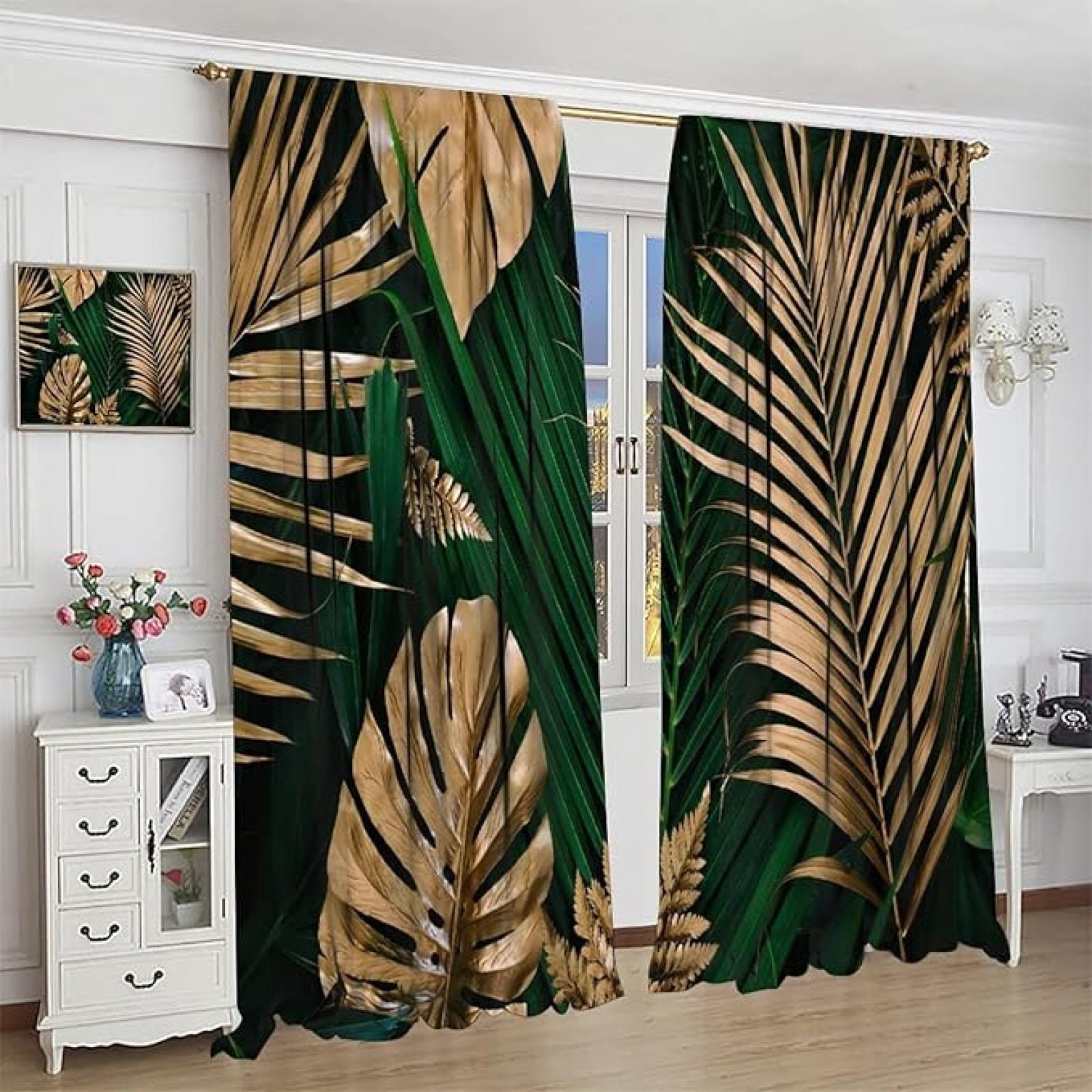 Green And Gold Curtains,Tropical Jungle Plant Golden Palm Leaves Modern ...